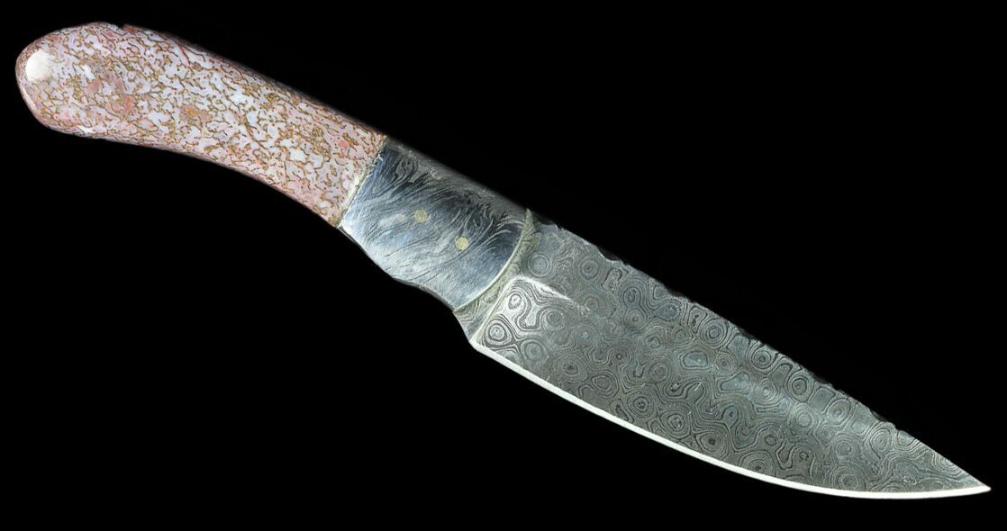 8.7" Damascus Knife With Fossil Dinosaur Bone (Gembone) Inlays (#86542 ...