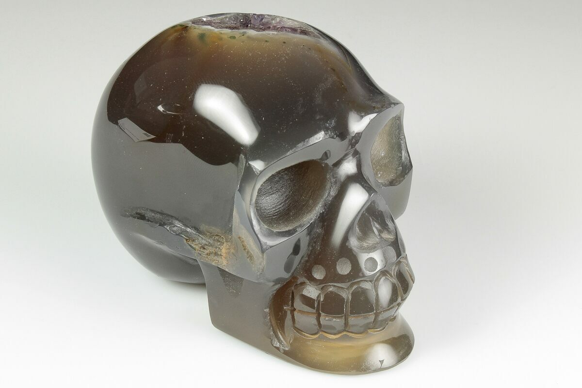 3.3" Polished Banded Agate Skull with Amethyst Crystal Pocket (#190477 ...