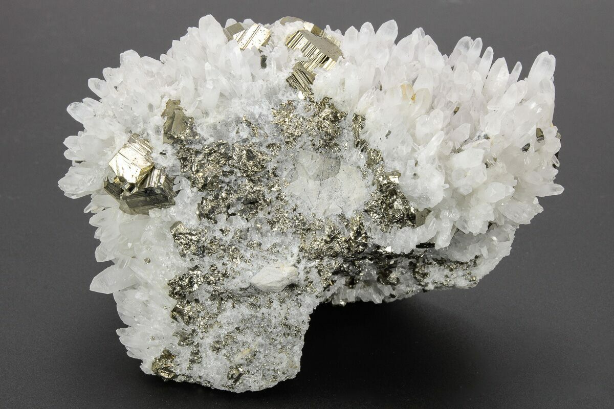 3.8" Gleaming, Striated Pyrite and Quartz Crystal Association - Peru ...